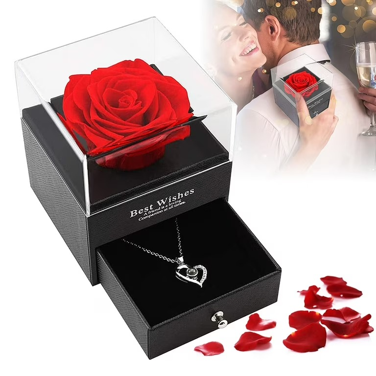 Luxury Rose Flower Jewelry Box with Golden Necklace - Only 99 Shop BD